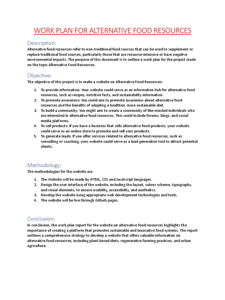 Work Plan For Alternative Food Resources | PDF