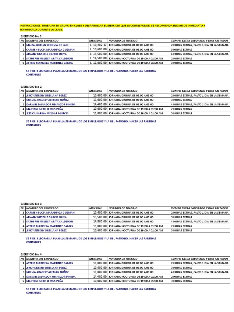 Ejercicios Grupales Elaboracion de Planilla Practica en Clase | PDF