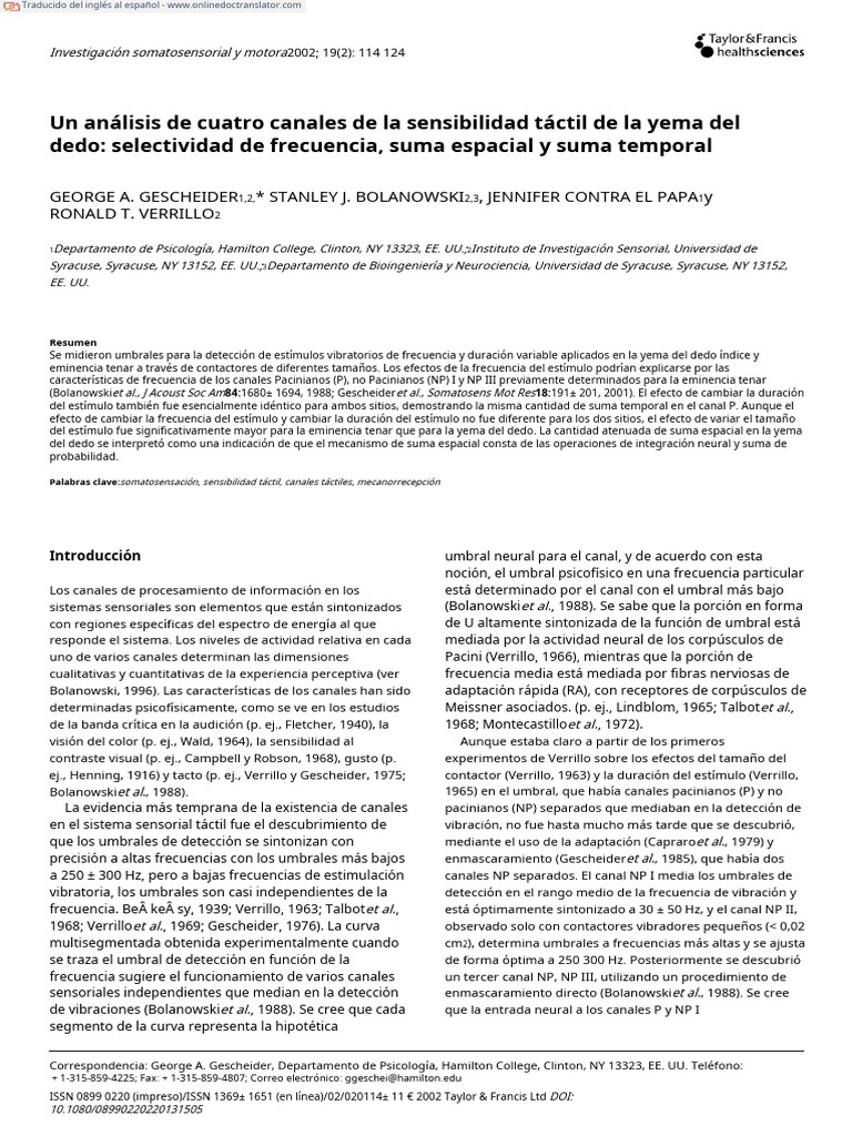 A Four-Channel Analysis of The Tactile Sensitivity of The Fingertip Frequency, Spatial Summation ...