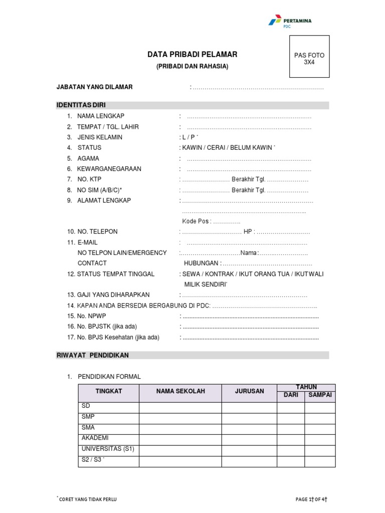 Formulir Data Pribadi Pelamar 2022 | PDF