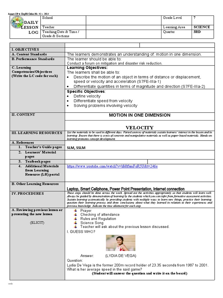 Velocity in Grade 7 Science Lesson | PDF | Learning | Speed