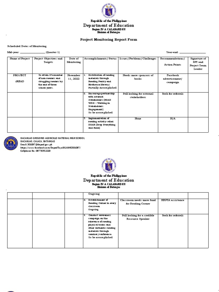 READING - Project Monitoring Report Form READ | PDF | Communication