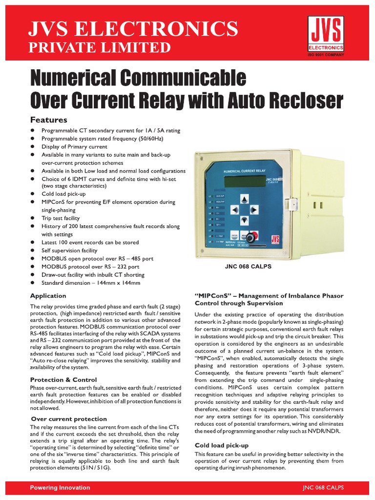 Jvs Make JNC 068 Calps Numerical Earth Fault Relay With Scada 80 265v ...