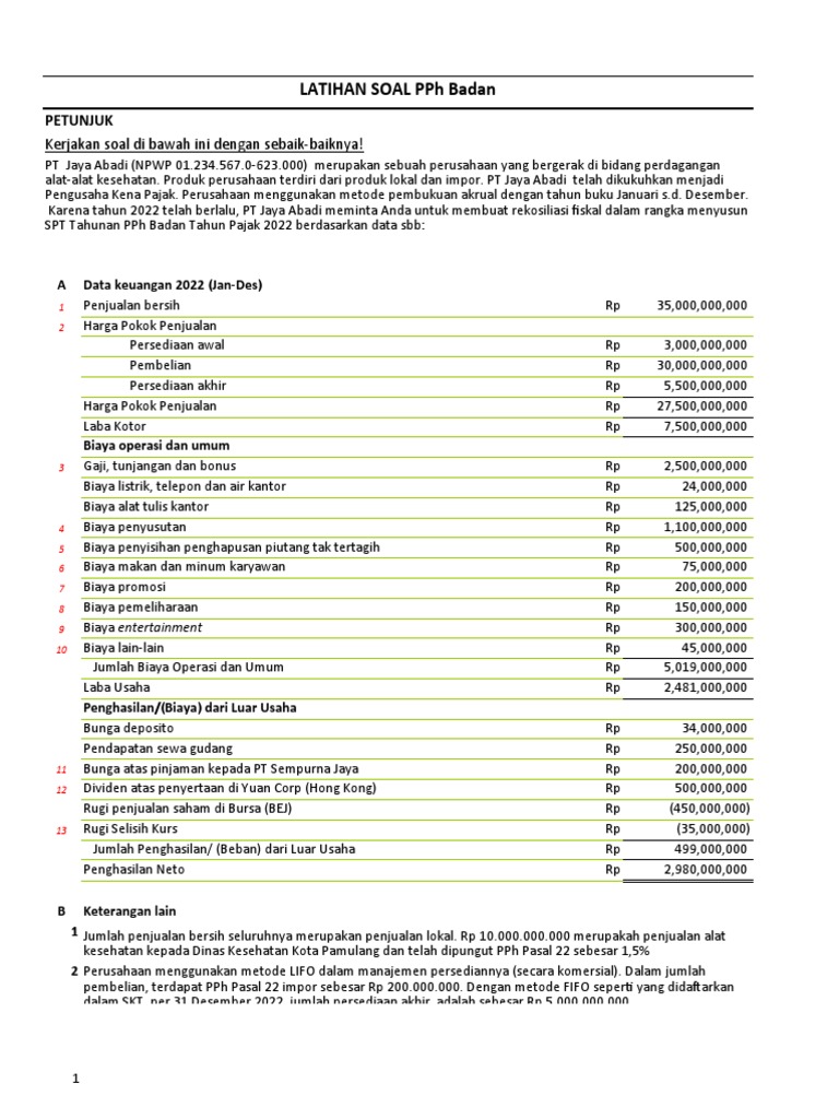 SOAL PPH Badan Utk Dibagi2 | PDF | Pengelolaan Keuangan & Uang