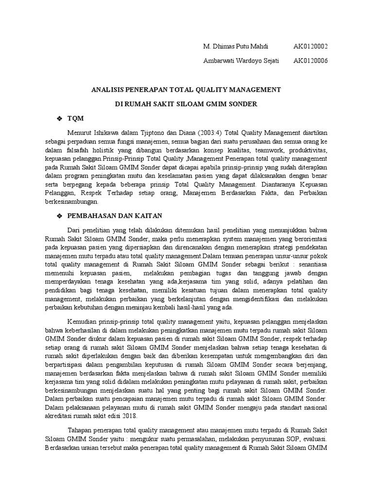 TOTAL QUALITY MANAGEMENT Tugas Kelompok AK02 & AK06 | PDF