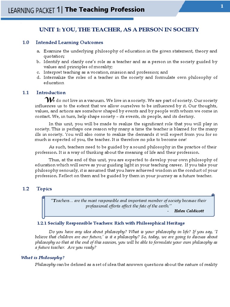 Prof Ed 9 Unit 1 Students Pdf Philosophy Of Education Teachers
