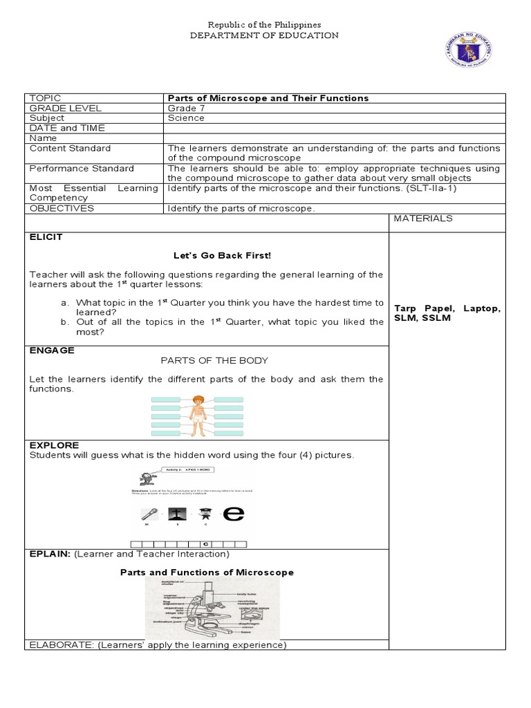 DLP Science 7 Quarter 2 - Microscope and Their Function | PDF | Learning | Cognitive Science