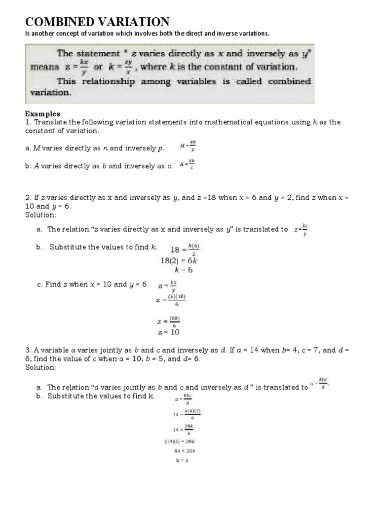 COMBINED VARIATION-grade 9 | PDF