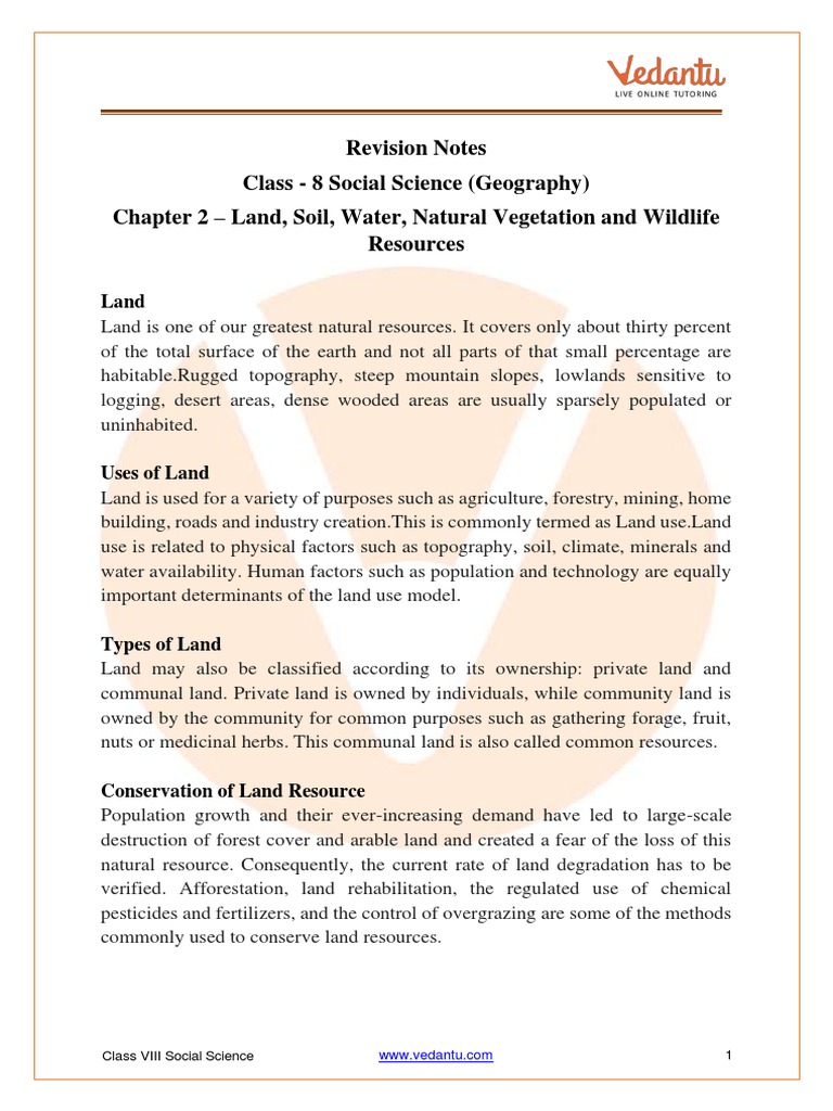 CBSE Class 8 Geography Chapter 2 Notes - Land, Soil, Water, Natural ...