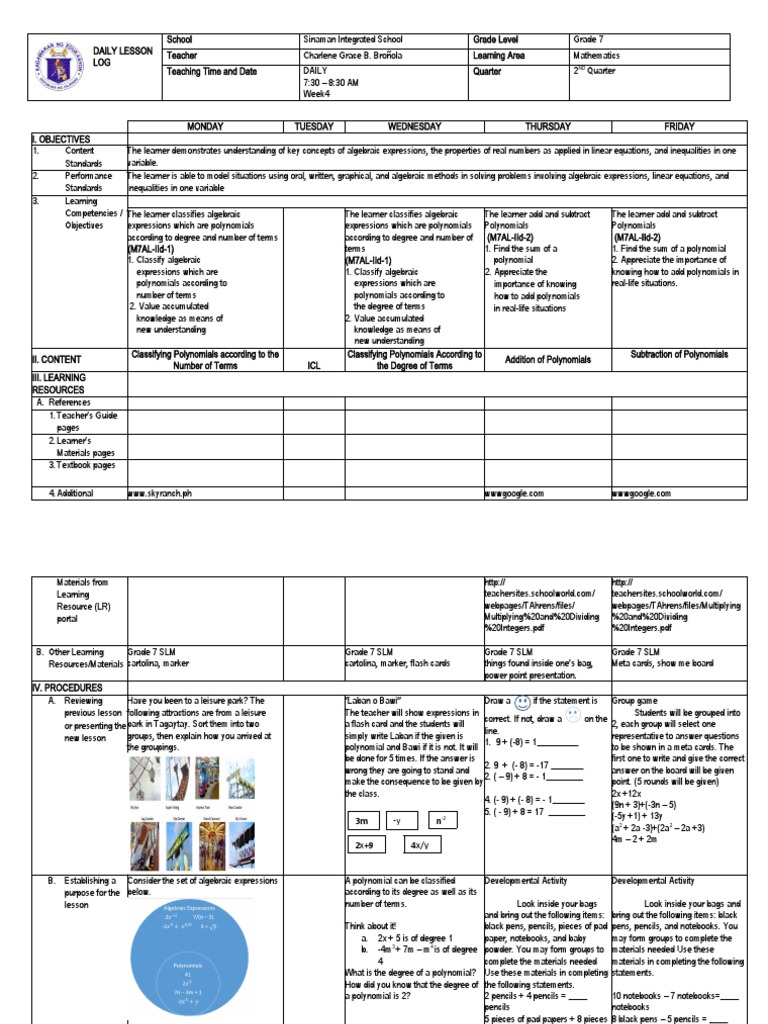 Grade7 Q2 Week4 | PDF | Polynomial | Equations
