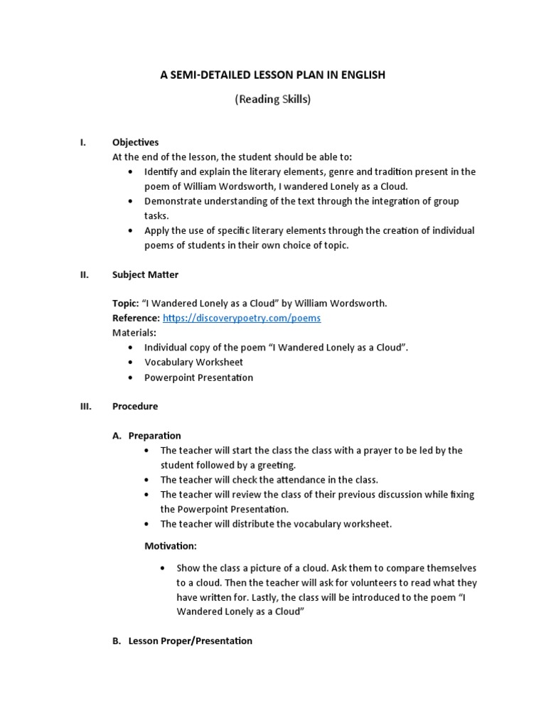 A SEMI-DETAILED LESSON PLAN IN ENGLISH (Baldoza J Claire Andrea D. BSE ...