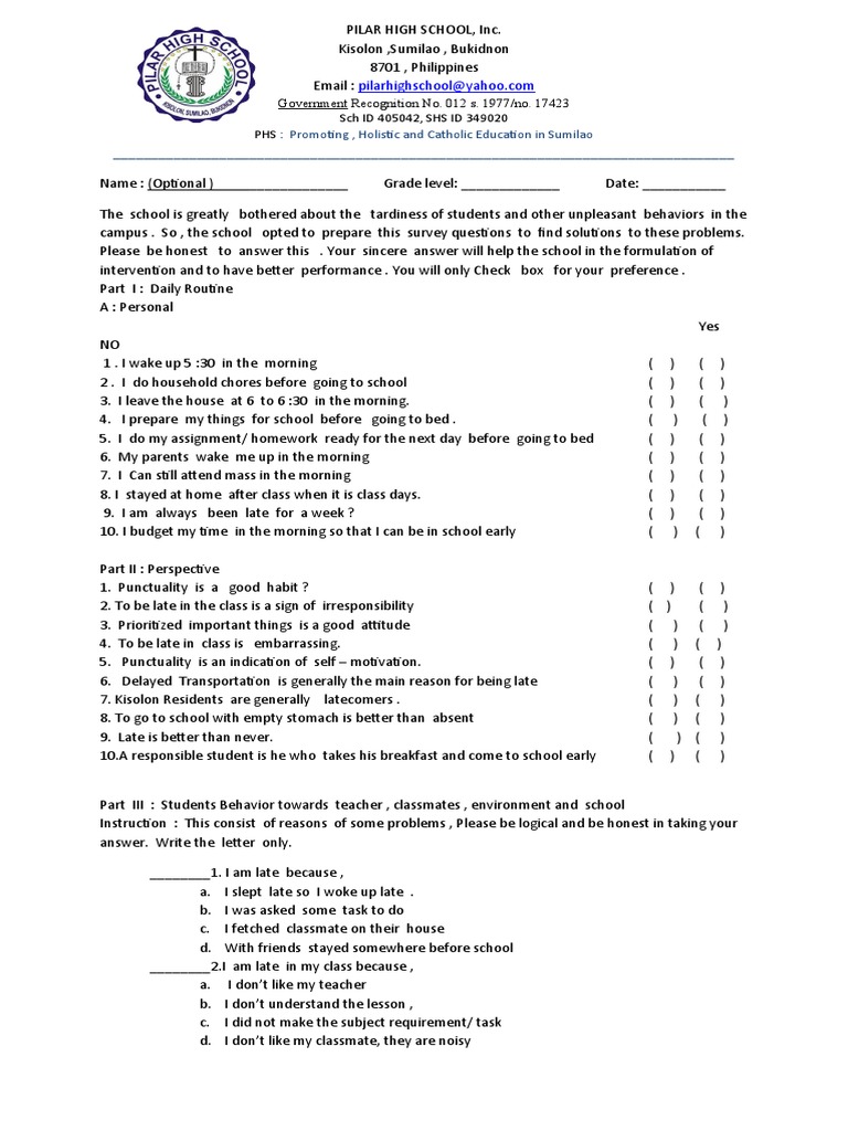 Lateness Questionnaire | PDF | Psychology | Behavior Modification