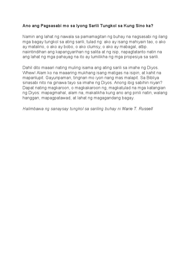 Ano Ang Pagsasabi Mo Sa Iyong Sarili Tungkol Sa Kung Sino Ka | PDF