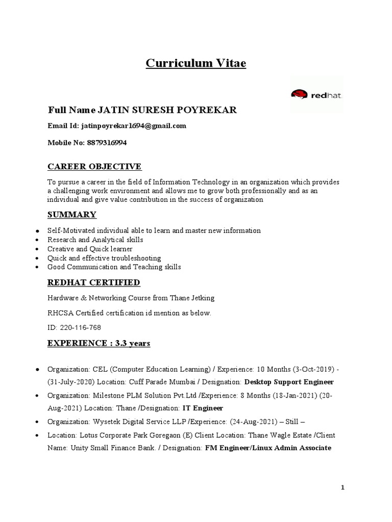 Jatin New Updated CV | PDF | File System | Linux