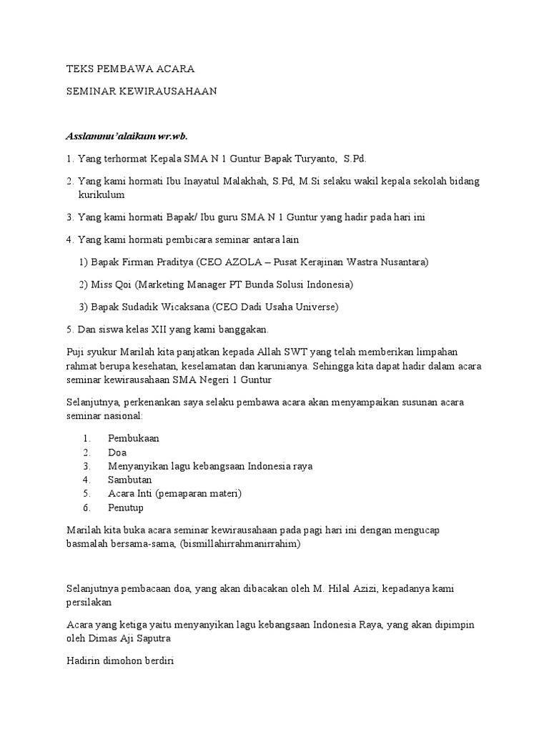 Teks Pembawa Acara Seminar Kwu Smansagun | PDF