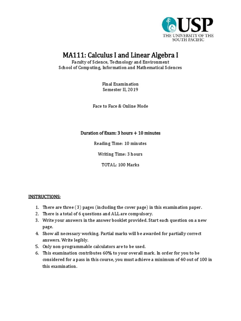 MA111 Exam 2019 | PDF | Equations | System Of Linear Equations
