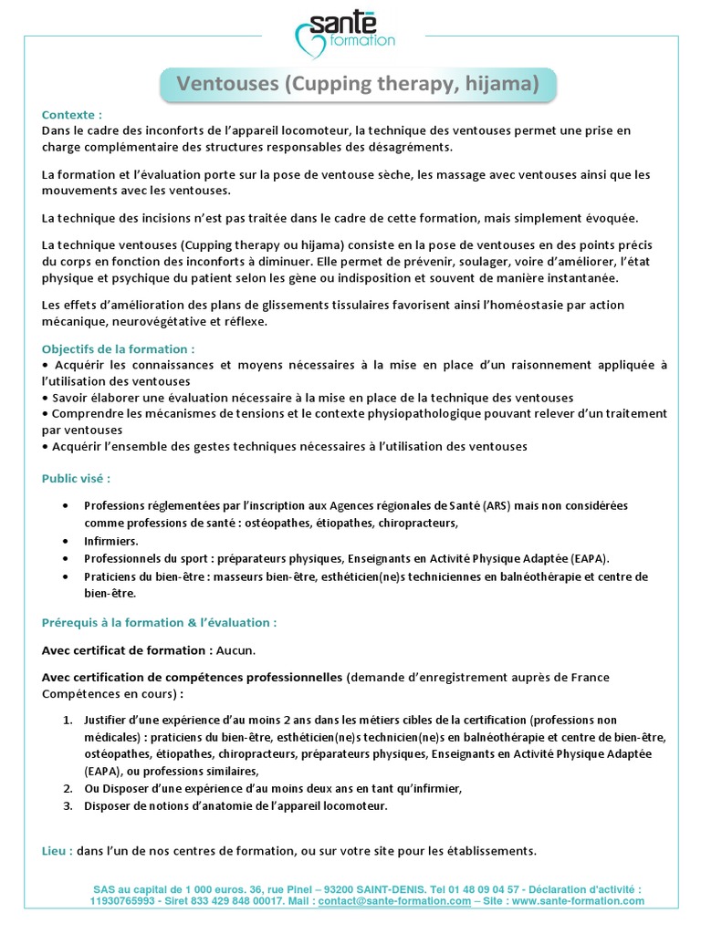 Formation A La Technique Des Ventouses Cupping Therapy Hijama | PDF | Massage | Chiropratique