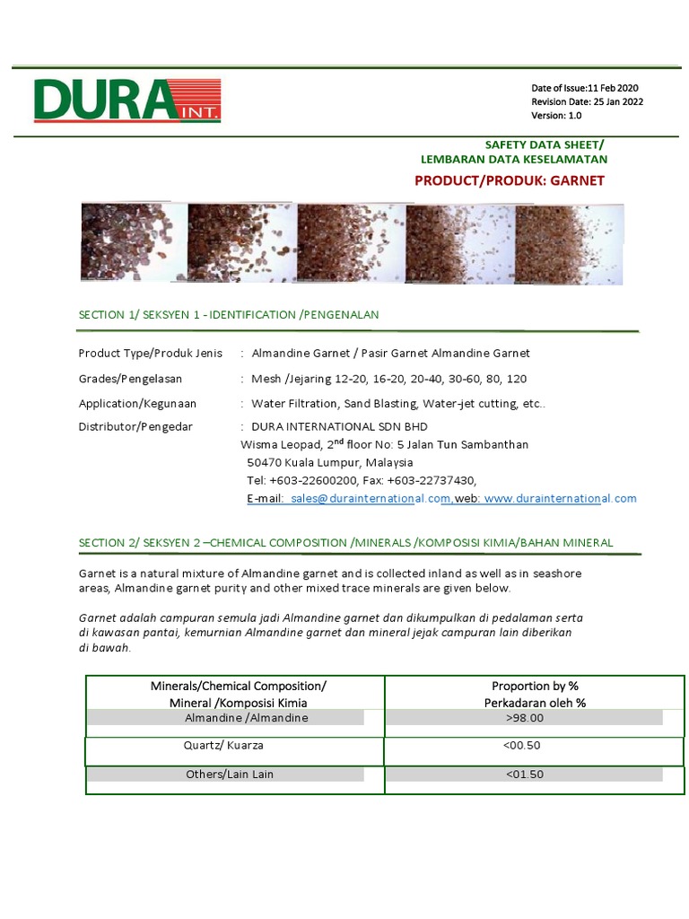 Garnet - SDS Dura International SDN BHD | PDF | Physical Sciences | Chemistry
