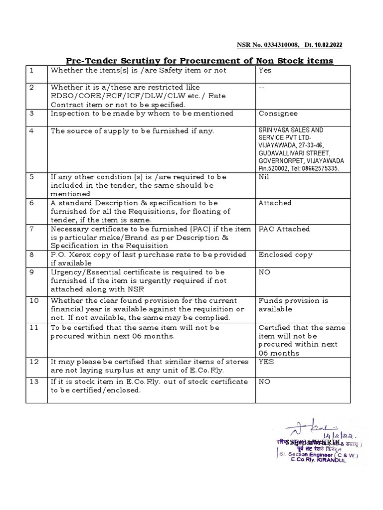 Pre-Tender Scrutiny For Procurement of Non Stock Items | PDF | Private ...