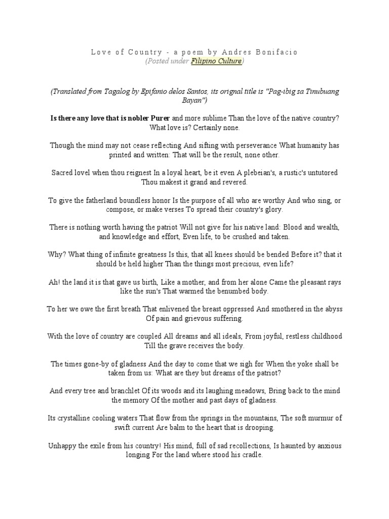 Filipino Culture: Love of Country - A Poem by Andres Bonifacio | PDF