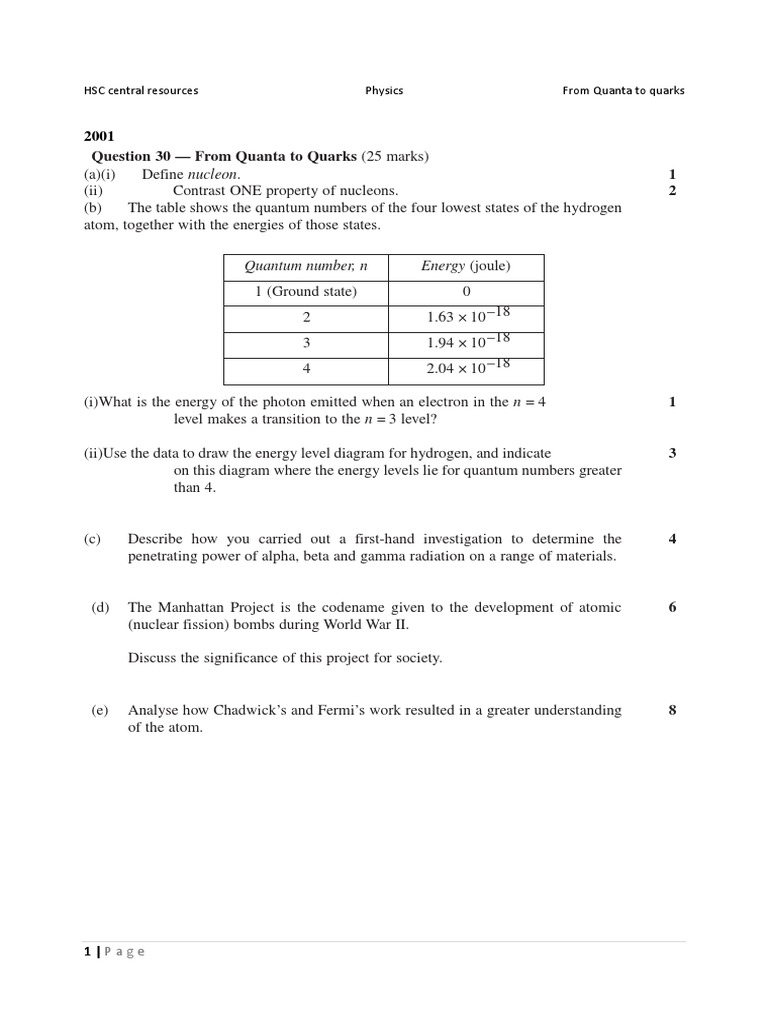 Physics Resources - From Quanta To Quarks HSC Questions PDF | PDF ...