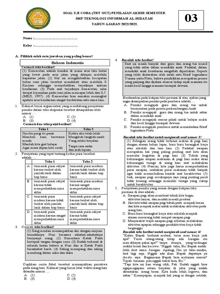 Soal Uji Coba Penilaian Akhir SMP 2023 | PDF