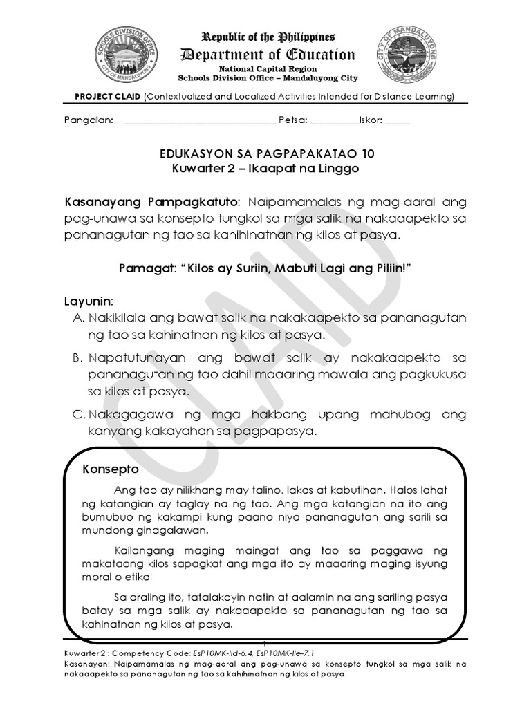 EsP10 - ACTIVITY SHEET Week 4 | PDF