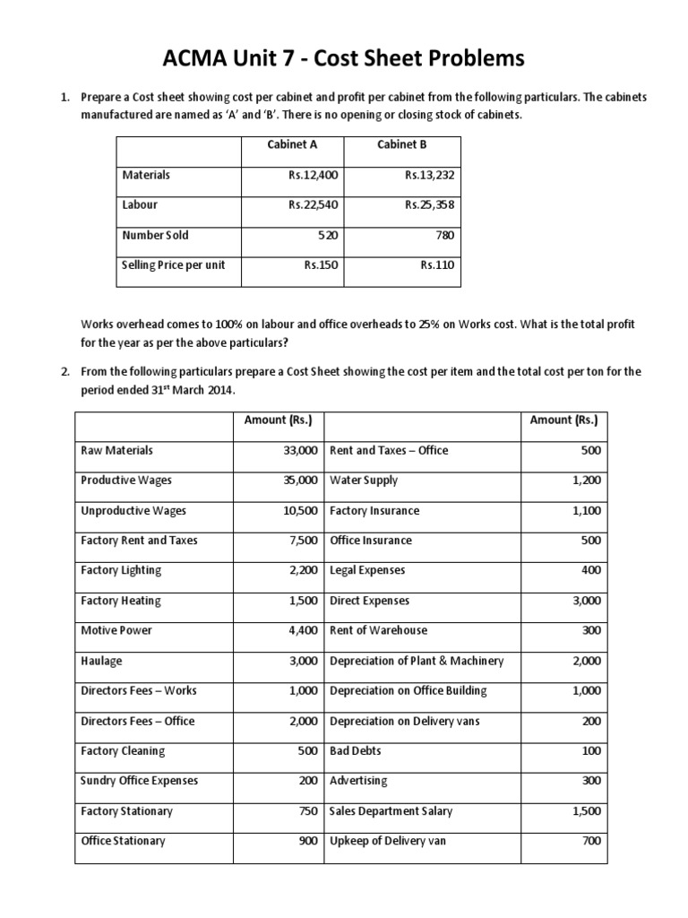 ACMA Unit 7 Problems - Cost Sheet PDF | PDF | Cost | Business Economics