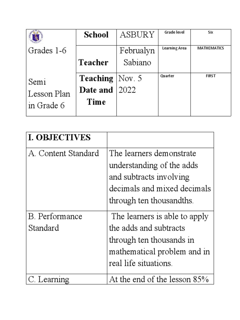 Grade 6 Math Lesson Plan: Decimals | PDF | Teachers | Communication