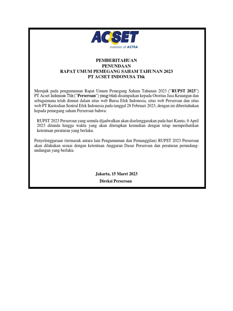 Pemberitahuan Penundaan RUPST ACSET - Clean | PDF