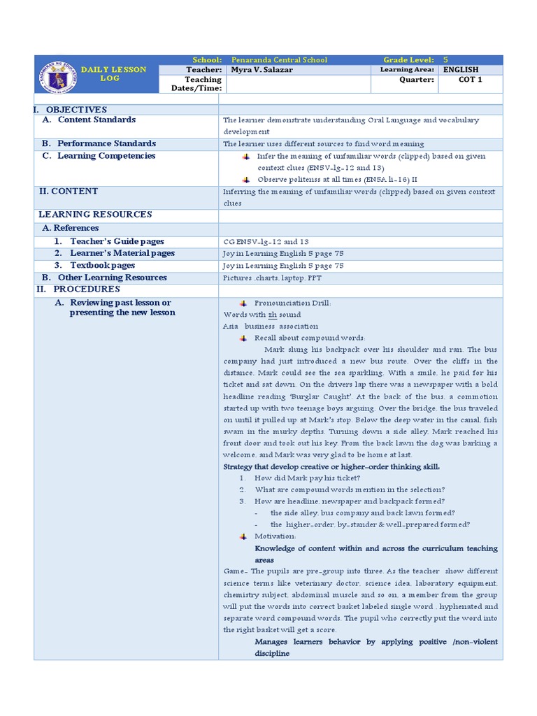 English 5-Cot | PDF | Teachers | Learning