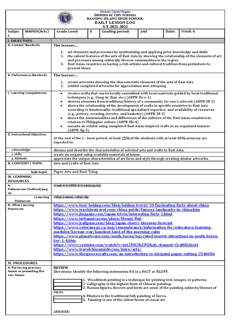 DLL Arts8 W6 | PDF | Origami | Decorative Arts