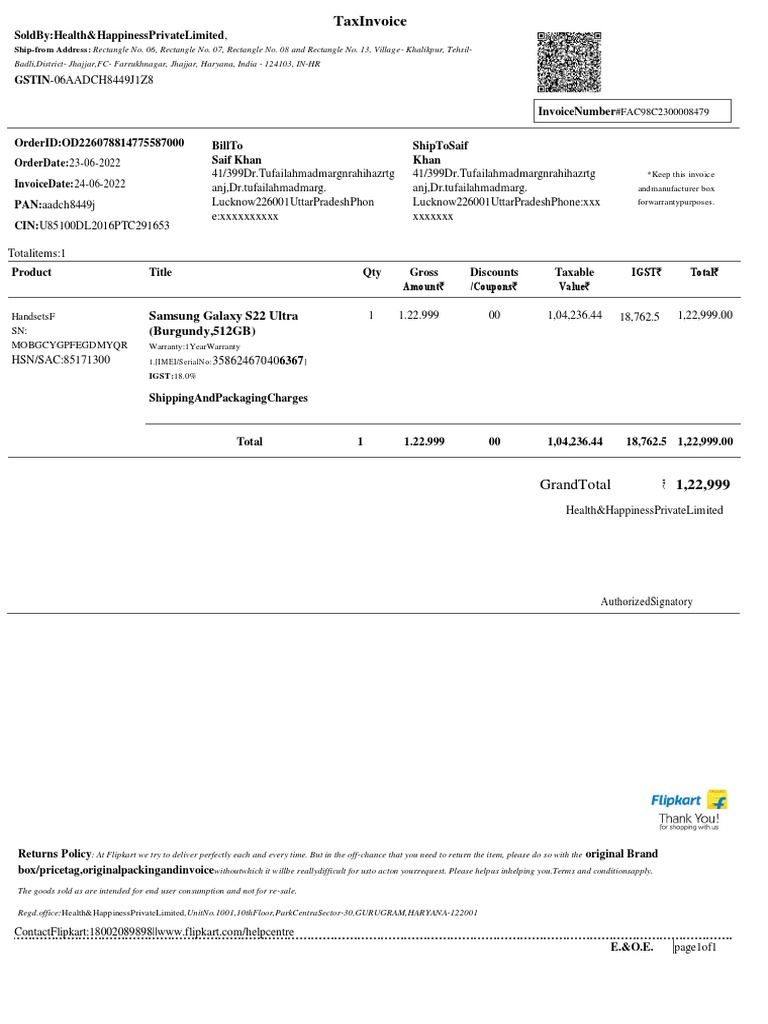 Flipkart Invoice for Samsung Galaxy S22 | PDF | Mobile Phones | Tablet ...