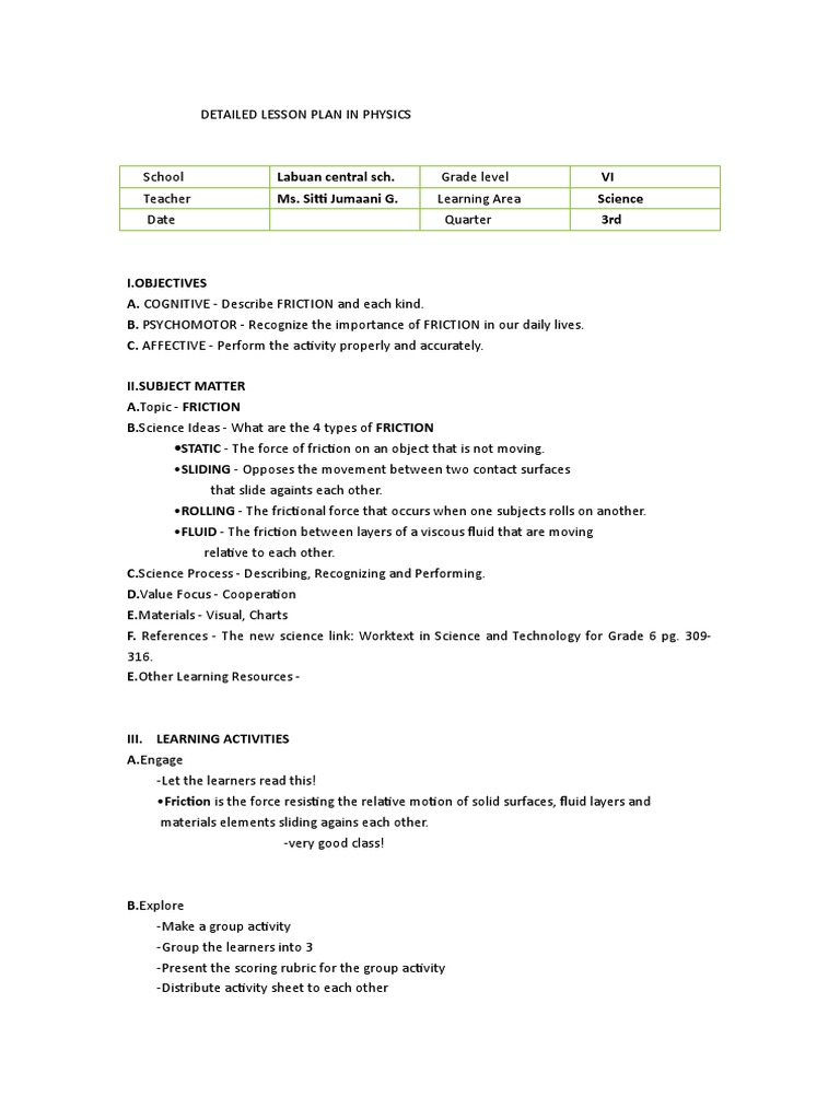 Detailed Lesson Plan | Download Free PDF | Friction | Learning
