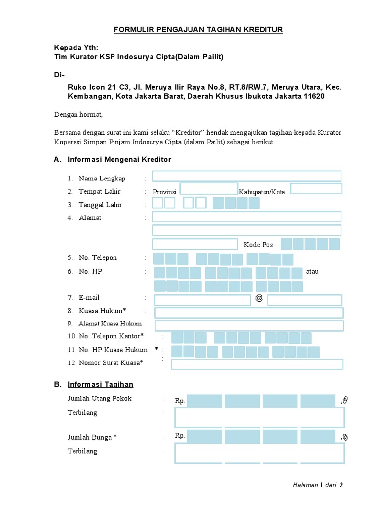 Contoh Formulir Pengajuan Tagihan KSP Indosurya | PDF
