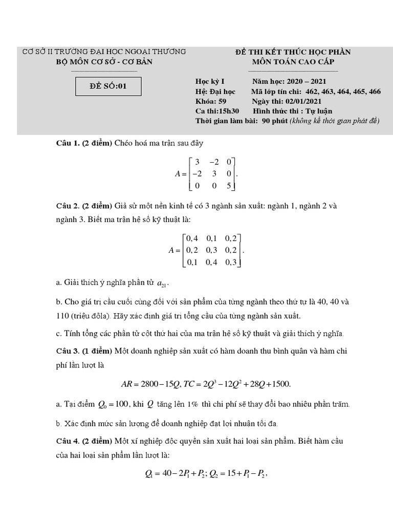 ĐỀ THI TOÁN CAO CẤP - FTU2 | PDF