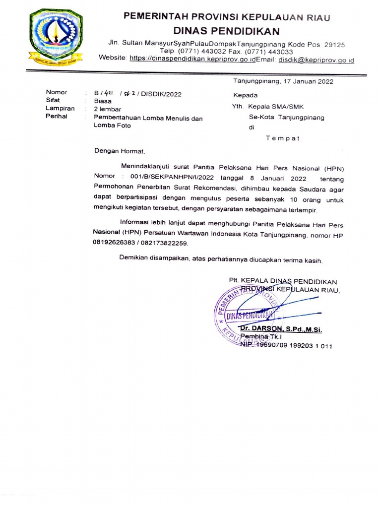 Surat Info Keg HPN Ke Sekolah | PDF