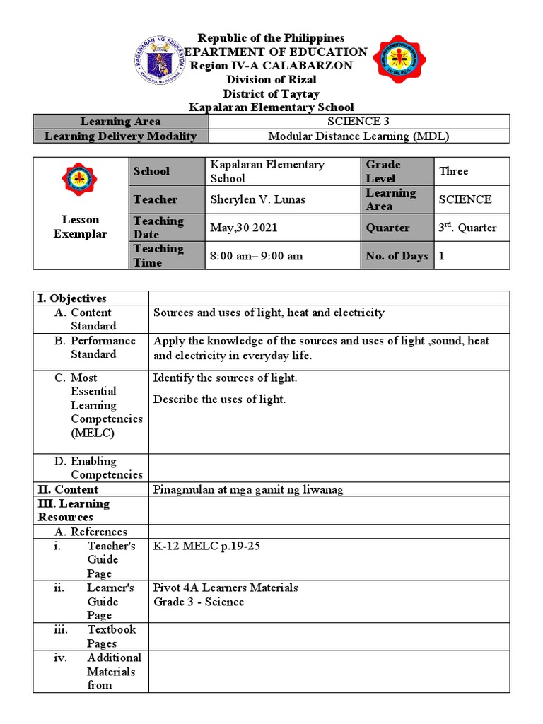 Lesson Exemplar - SCIENCE 3 | PDF | Learning | Cognition