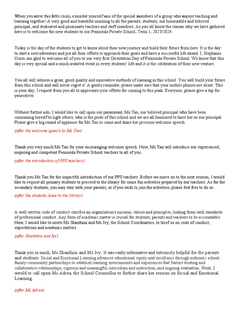 Orientation Day Emcee Script | PDF | Teachers | Learning