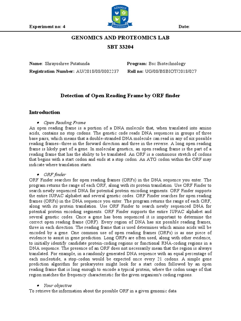 Lab Report Format Exp 5 Detection of Open Reading Frame by ORF Finder | PDF | Open Reading Frame ...
