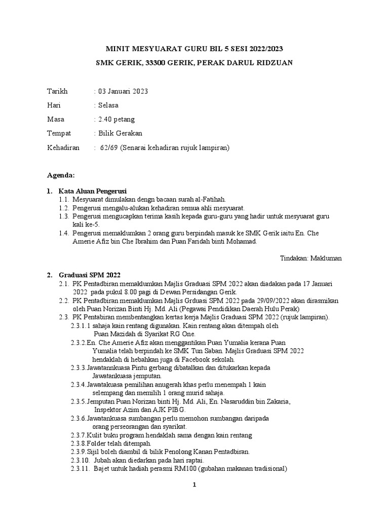 Minit Mesyuarat Guru Dan Akp Bil 5 Sesi 2022 | PDF