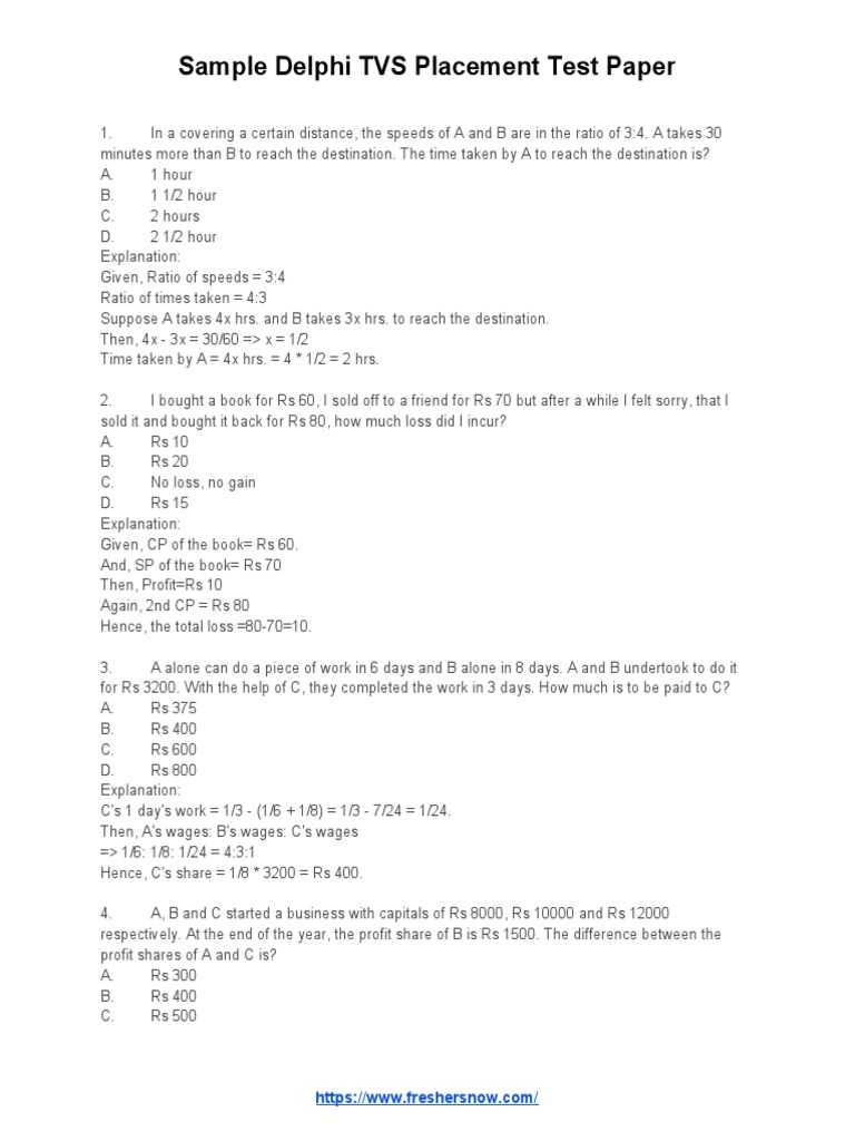Delphi TVS Placement Test Sample Paper | PDF