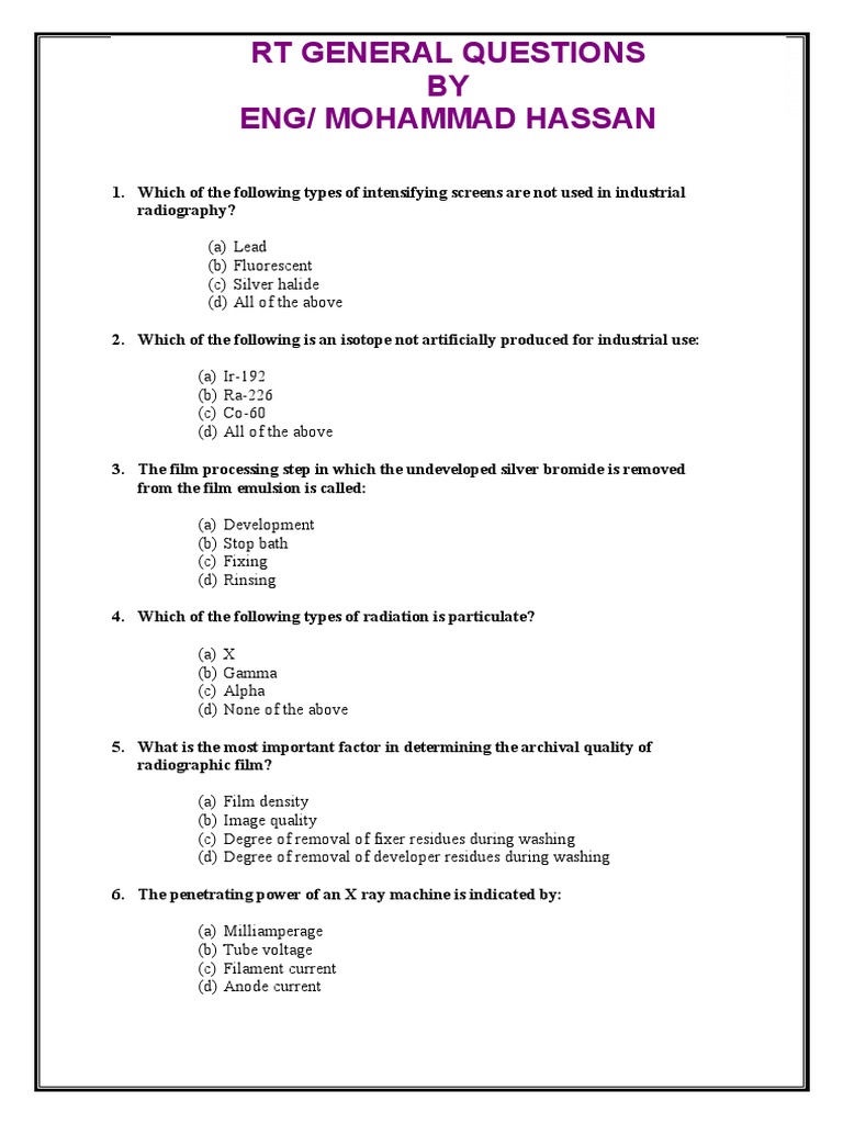 RT Genaral Questions | PDF | Radiography | X Ray