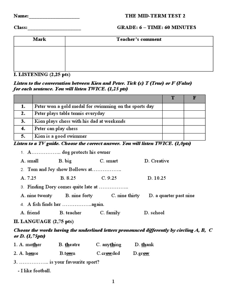 Grade 6 Mid-Term Listening & Language Test | PDF | Entertainment ...