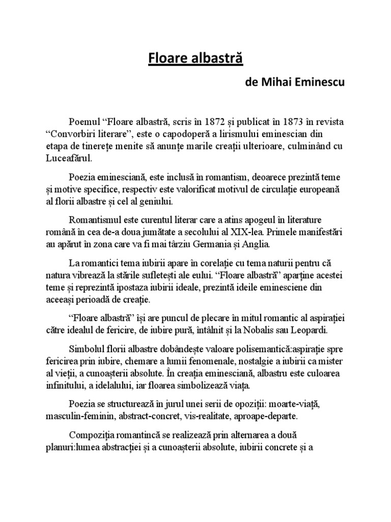 Floare Albastra de Mihai Eminescu (ESEU SIII BAC) | PDF