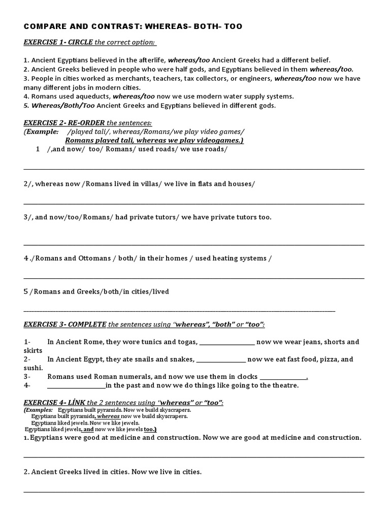 Compare and Contrast Conjunctions Exercises | PDF | Ancient Egypt ...