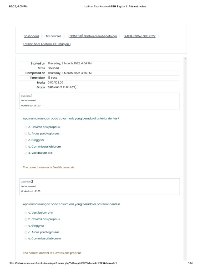 Latihan Soal Anatomi GEH Bagian 1 - Attempt Review | PDF | Abdomen | Anatomy