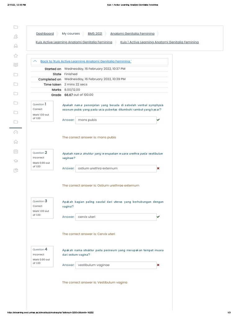 Kuis 1 Active Learning Anatomi Genitalia Feminina | PDF | Uterus | Vagina