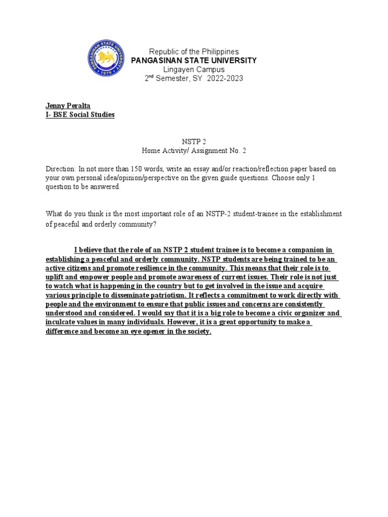 Jenny Peralta NSTP 2 Activity 2 | PDF | Thought | Critical Thinking