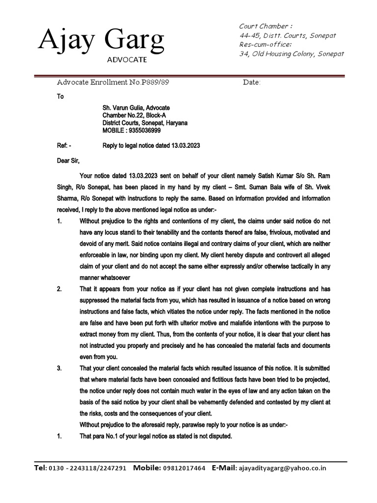 Reply Legal Notice On Behalf of Suman Bala | PDF | Cheque | Private Law